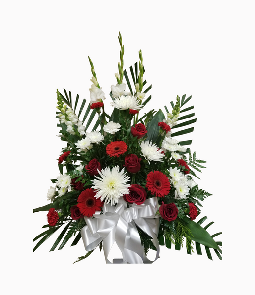 Red and White Funeral Container – Exotic Flowers & Gifts